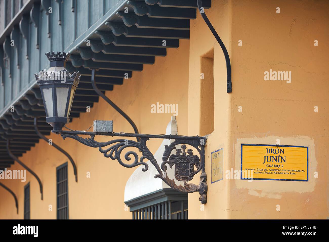 A colonial street lamp in the historic centre of Lima, Peru. Lima is ...