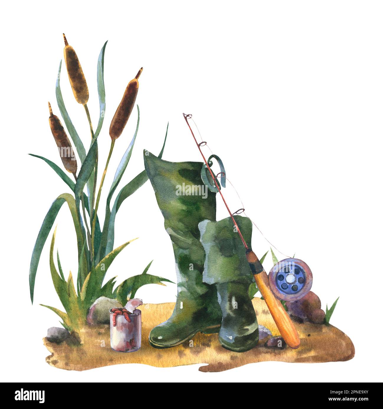 Watercolor hand drawing illustration iron rustic bucket with fish ...