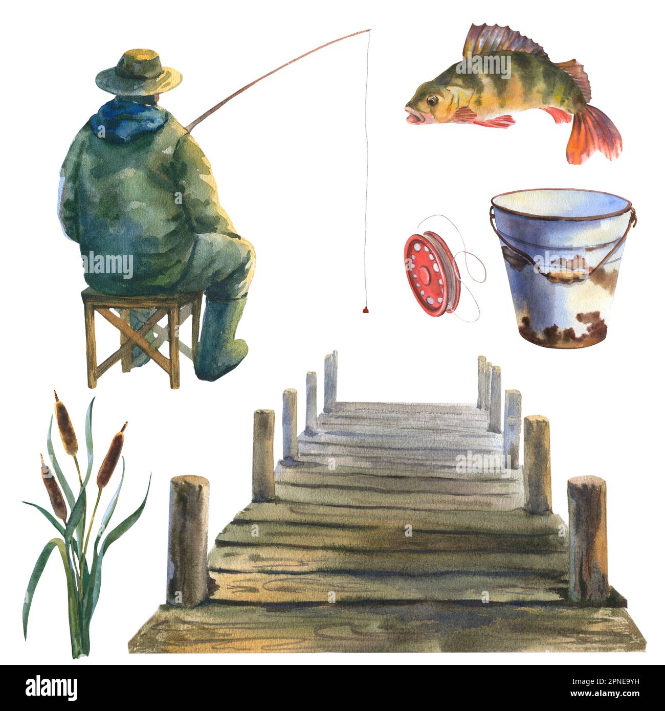 Watercolor illustration, set of the fishing, pier, fisherman is fishing ...
