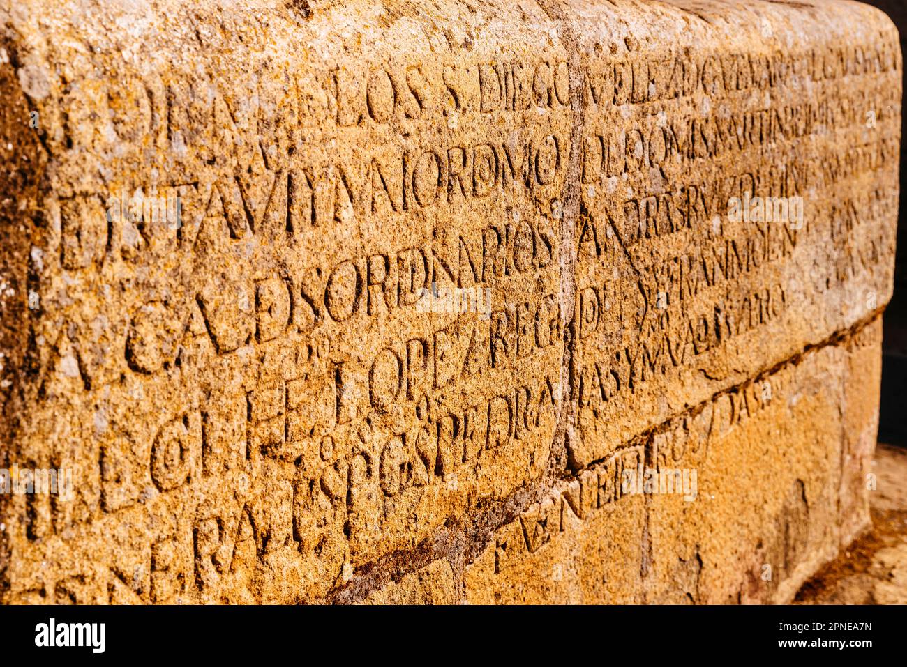 Detail of the inscriptions carved in stone. Alcantara well. Albuquerque ...