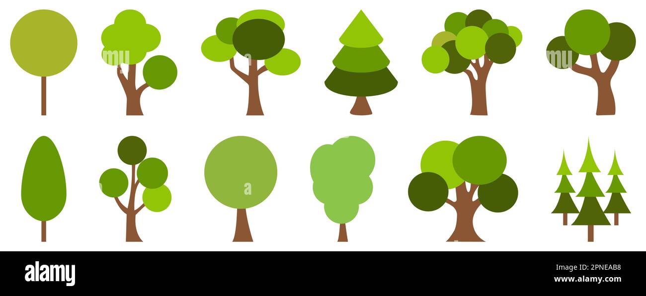 Set of flat trees. Cartoon forest plants. Vector illustration isolated ...