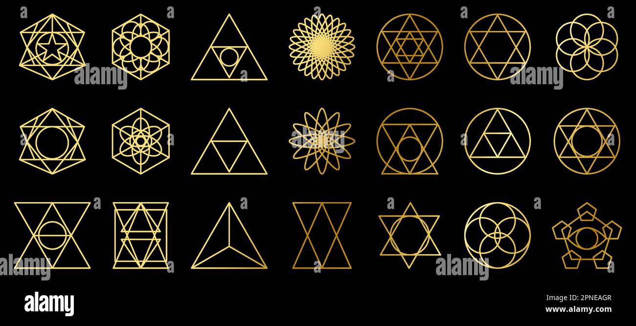 Set of sacred geometry icons in golden gradient. Geometry outline ...