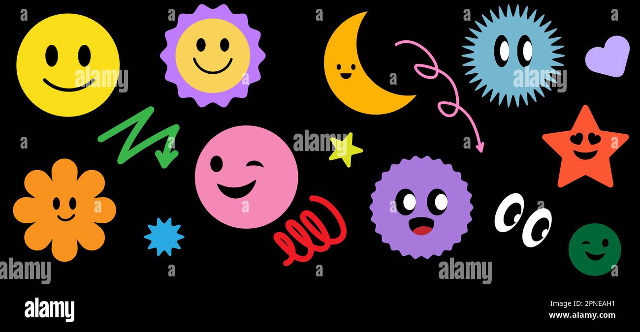 Set of happy smiling face stickers. Abstract funny cute emoticon faces ...