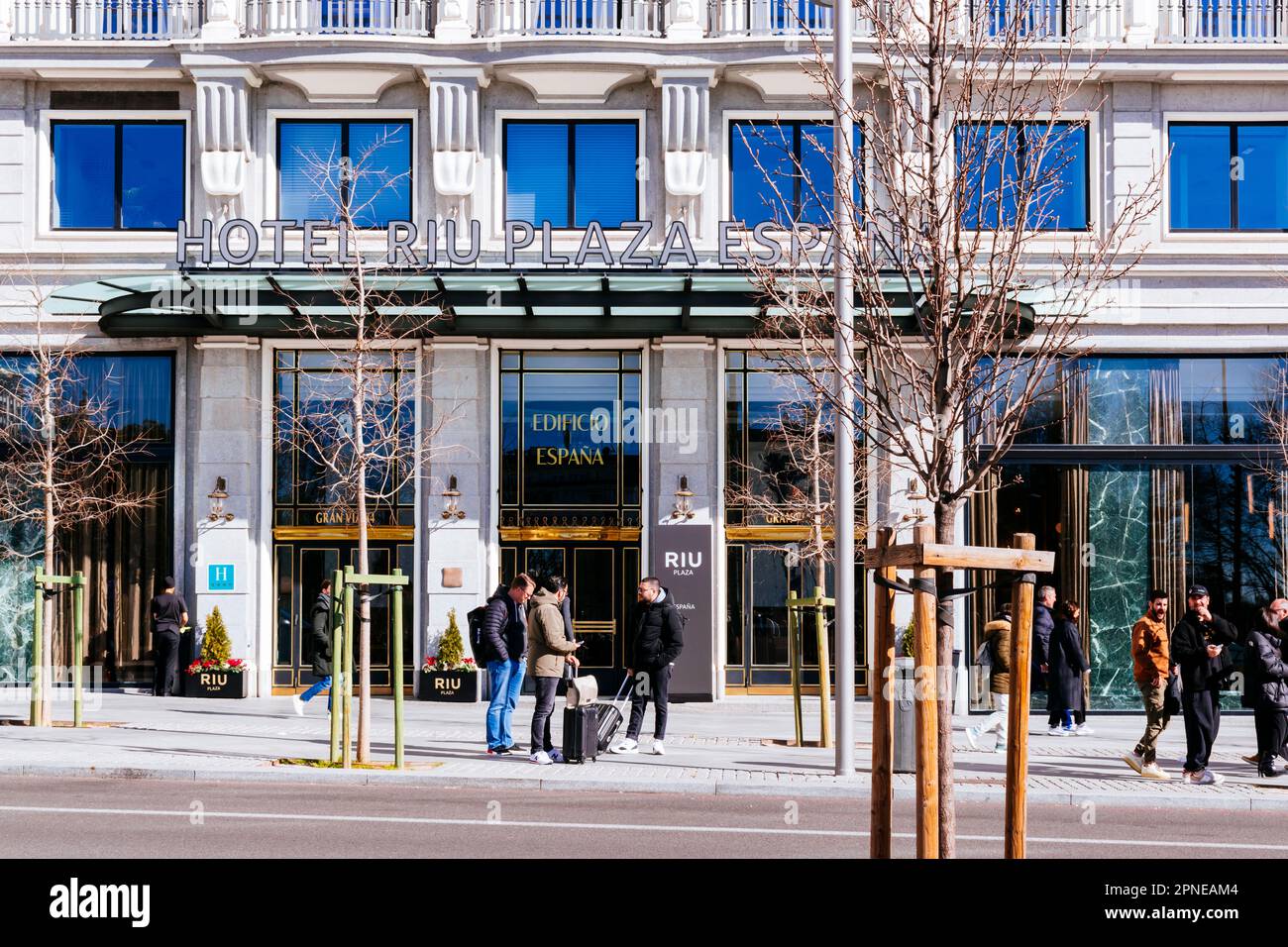 Entrance detail. The Hotel Riu Plaza España is a historic skyscraper. Opened in 1953 as the ...