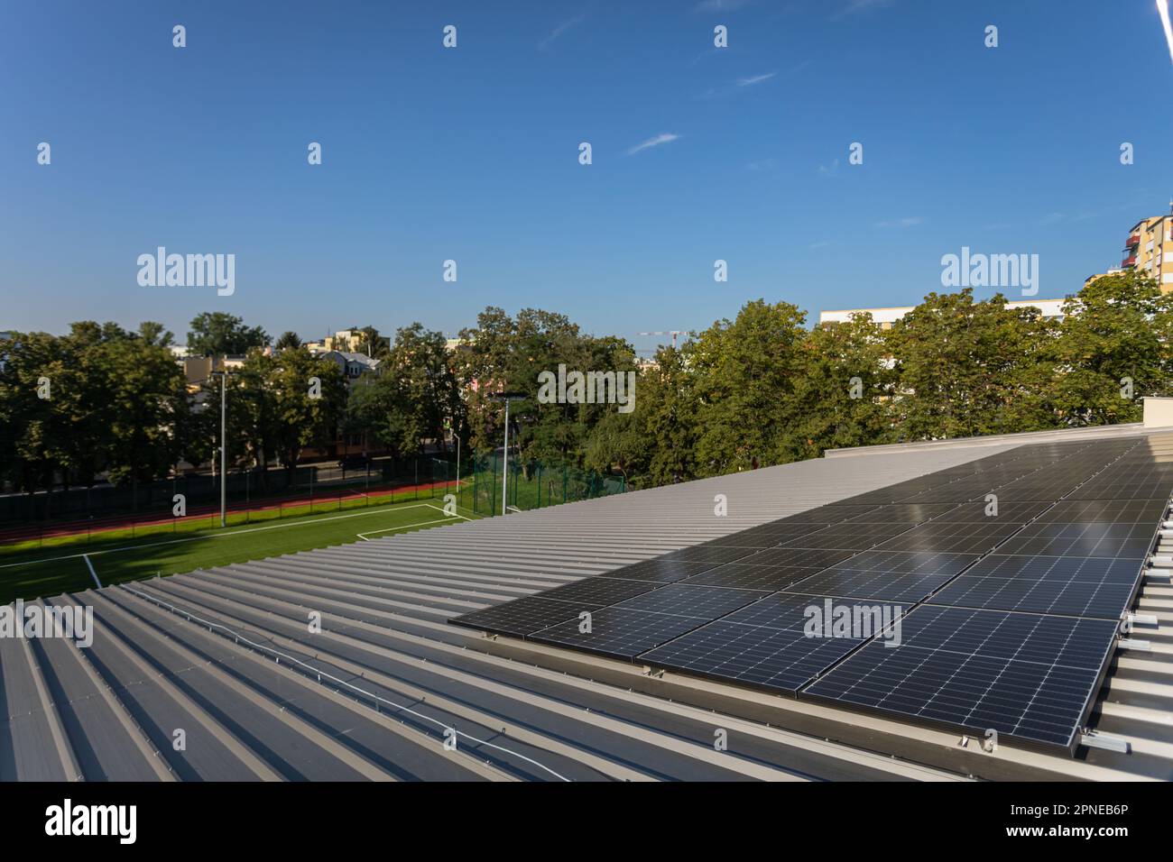 Top view of the roof with photovoltaic panels installed Stock Photo - Alamy