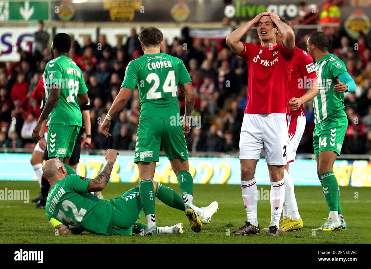 Wrexham's Tom O'Connor (third right) rues a missed chance during the ...