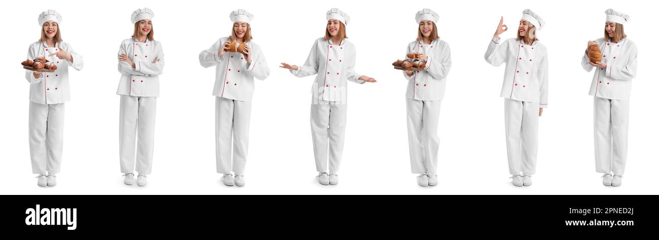 Collage of young female baker on white background Stock Photo - Alamy