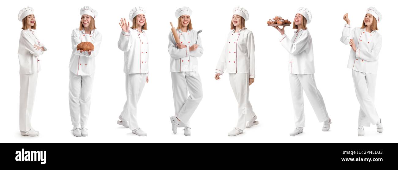 Collage of young female baker on white background Stock Photo - Alamy