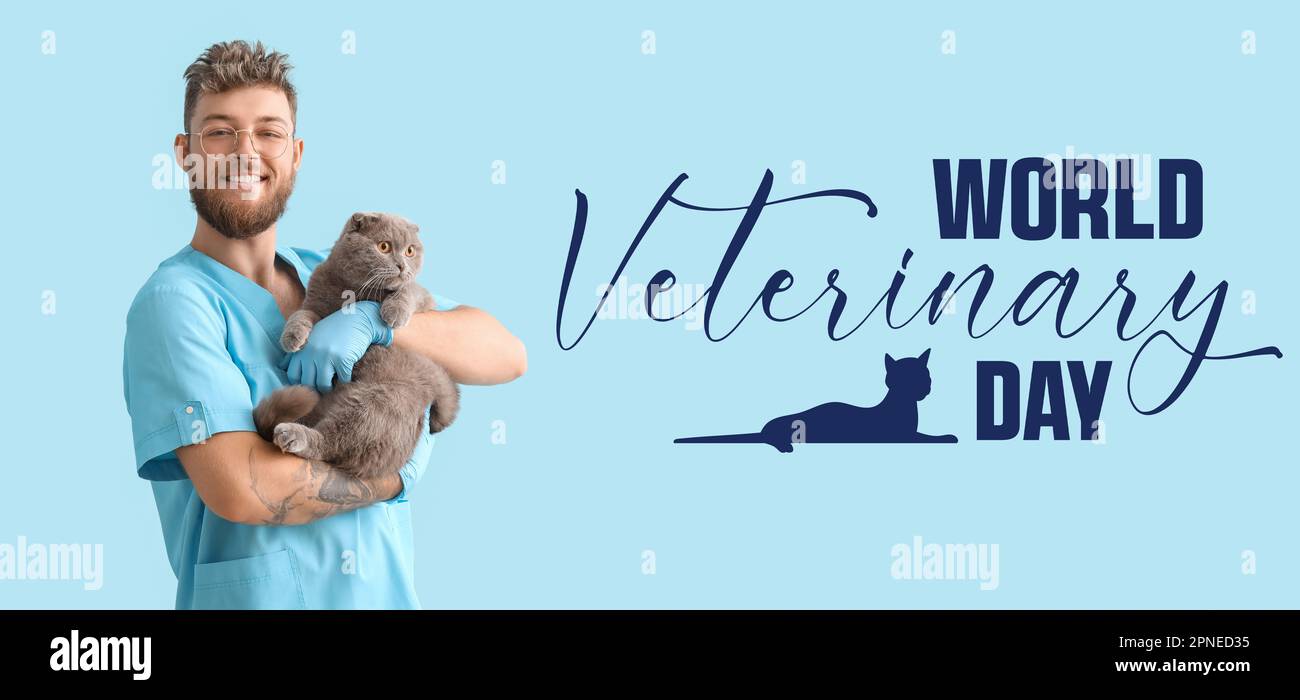 Banner for World Veterinary Day with veterinarian and cute cat Stock ...