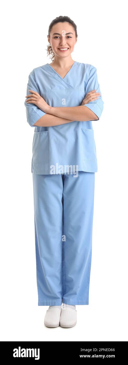 Female medical assistant on white background Stock Photo - Alamy