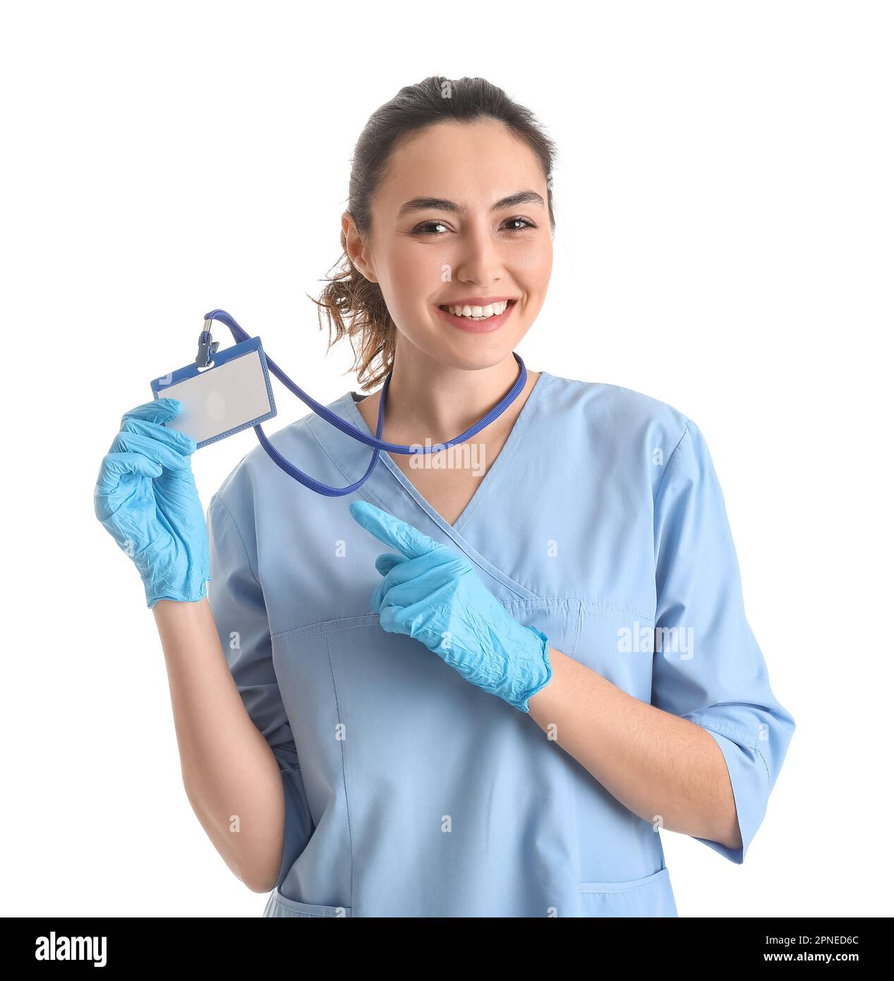 Female medical assistant with badge on white background Stock Photo - Alamy
