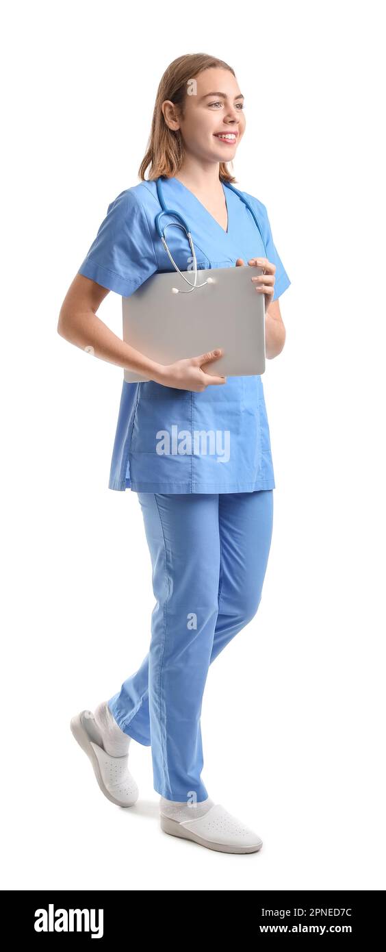 Female intern with laptop on white background Stock Photo - Alamy
