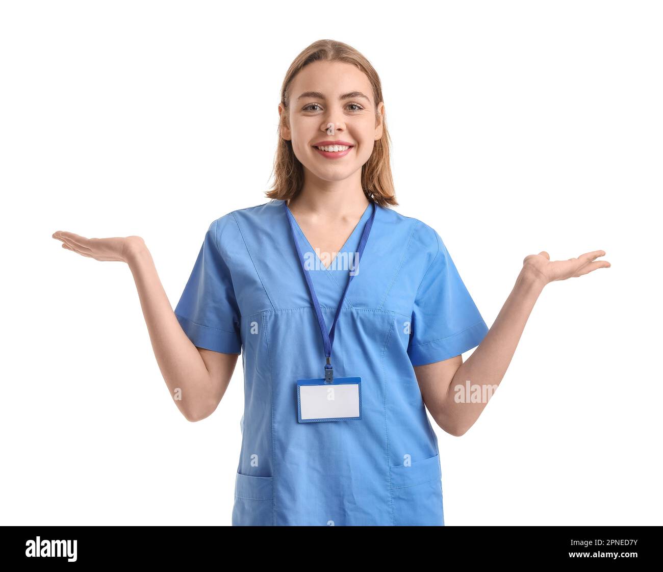 Female intern with badge on white background Stock Photo - Alamy