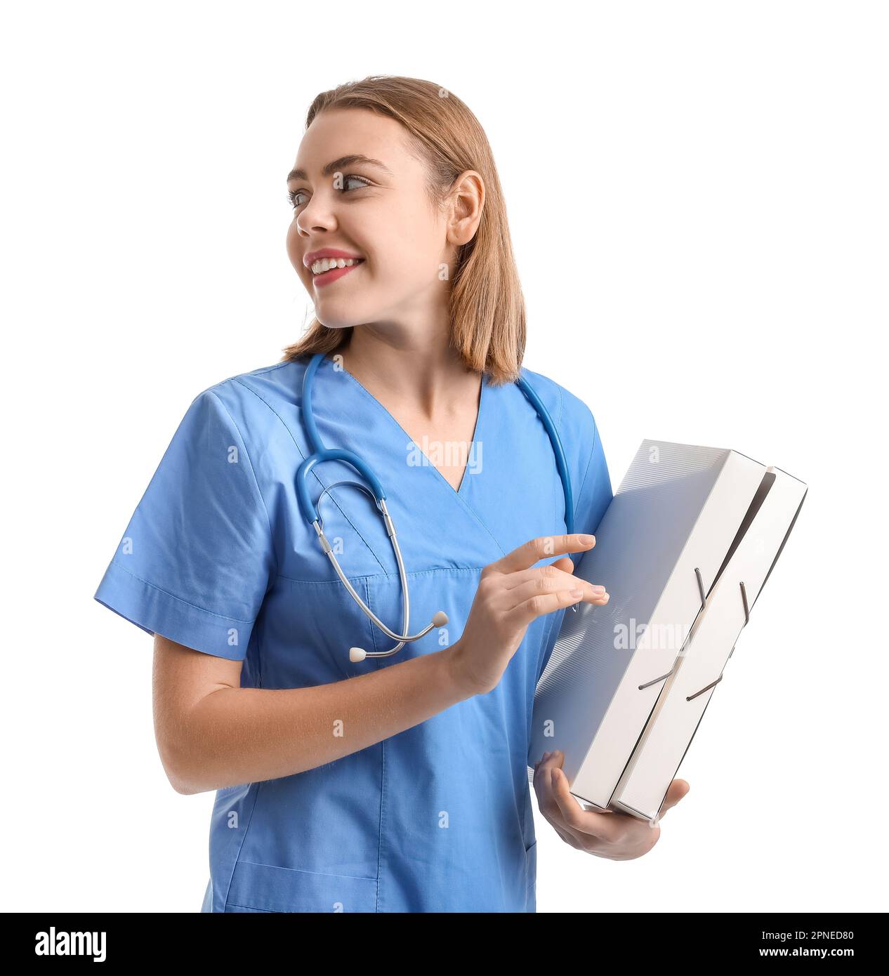 Female nurse with folders on white background Stock Photo - Alamy