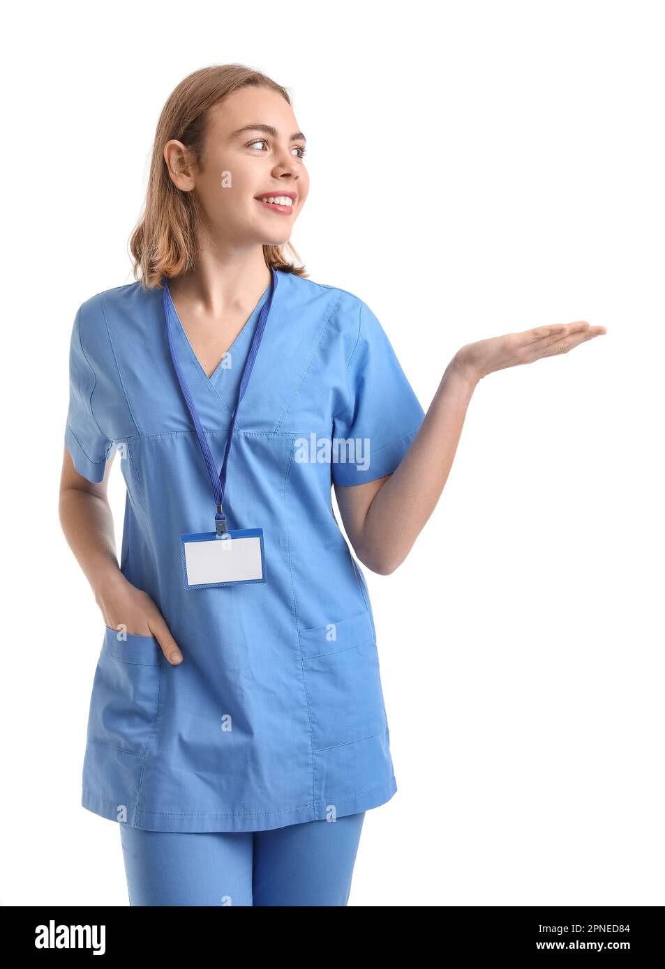 Female intern with badge showing something on white background Stock ...