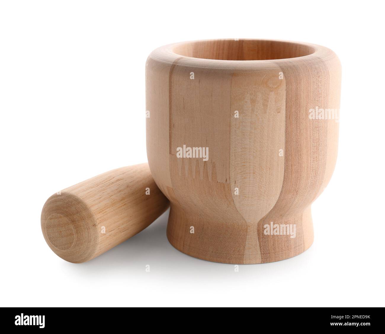 Wooden mortar with pestle isolated on white background Stock Photo - Alamy