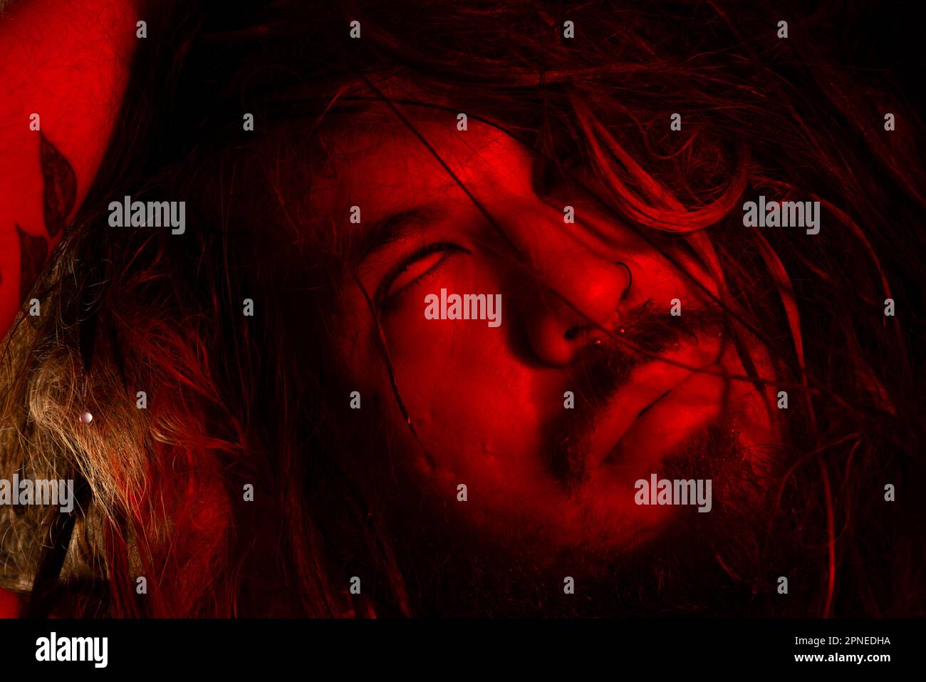 Close-up portrait of handsome young man with hair all over his face ...