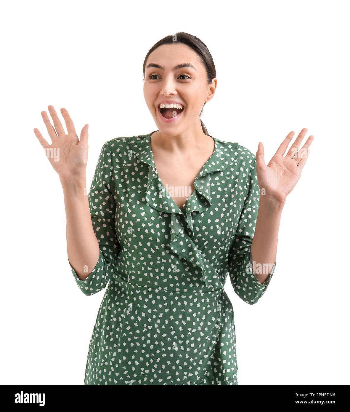 Beautiful happy young woman meeting someone on white background Stock ... Beautiful happy young woman meeting someone on white background Stock ...