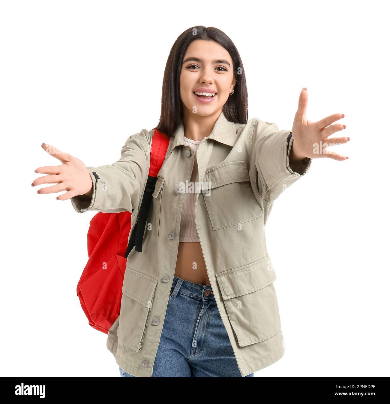 Young female student opening arms for hug on white background Stock ...