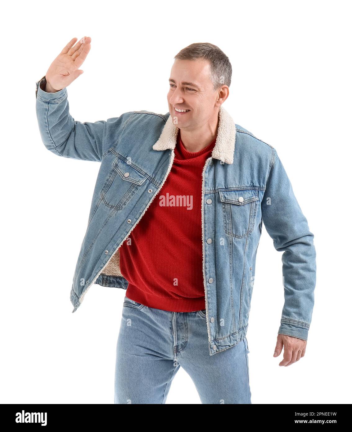 Mature man giving high-five on white background. Hello concept Stock ...