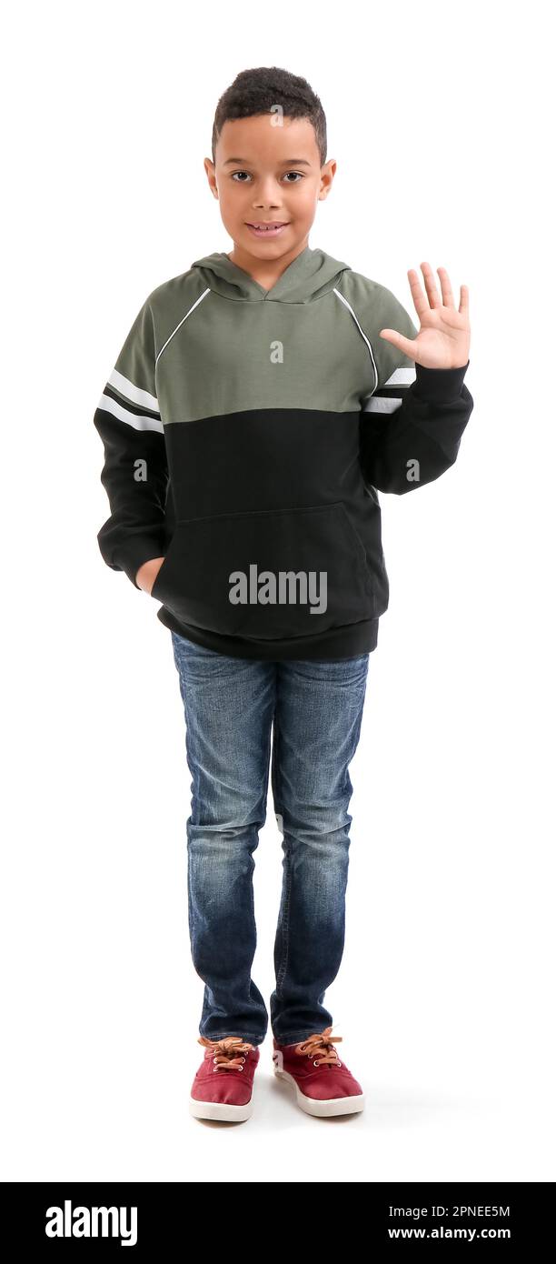 Little African-American boy waving hand on white background Stock Photo ...