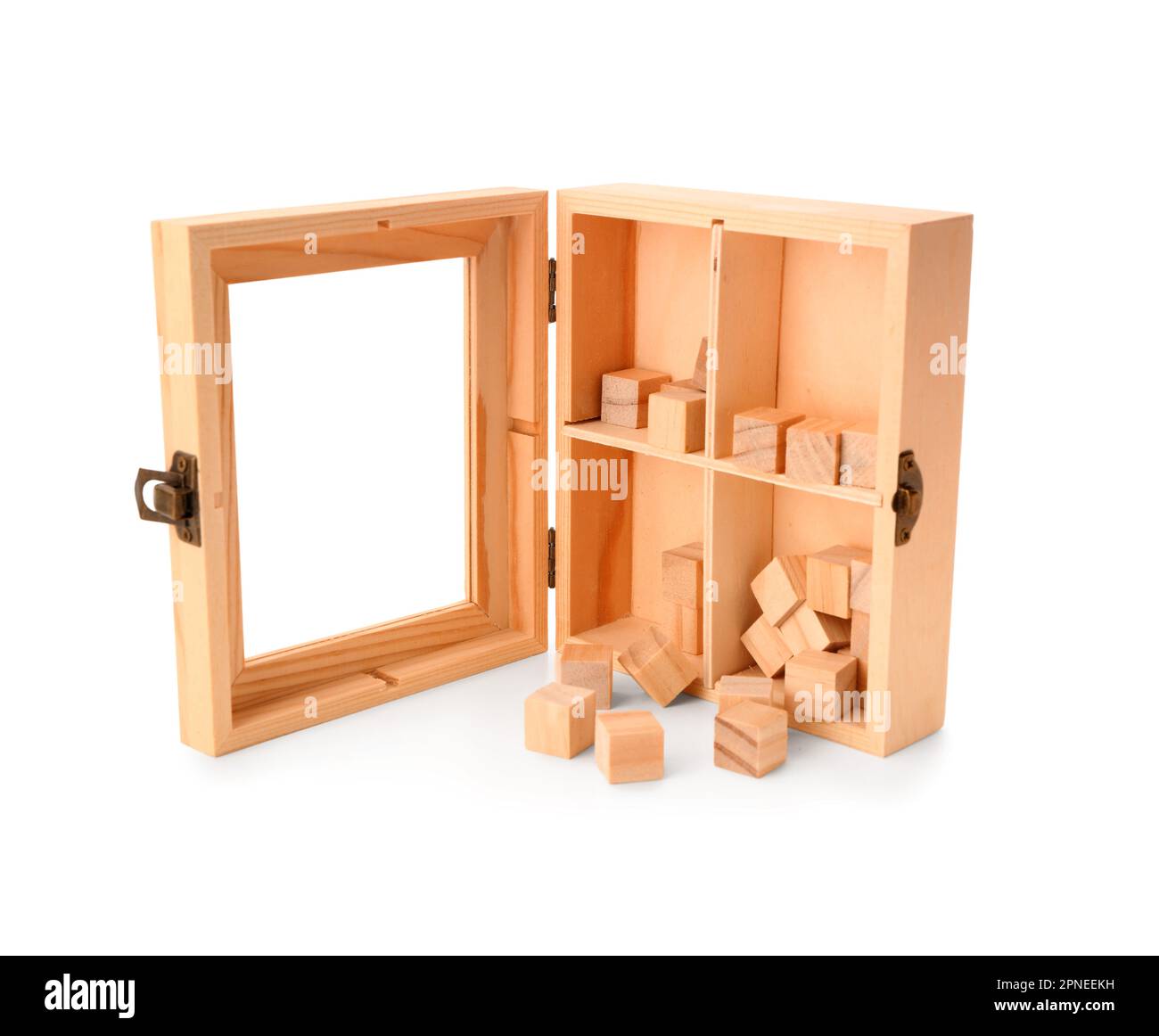 Stylish wooden box with cubes isolated on white background Stock Photo ...