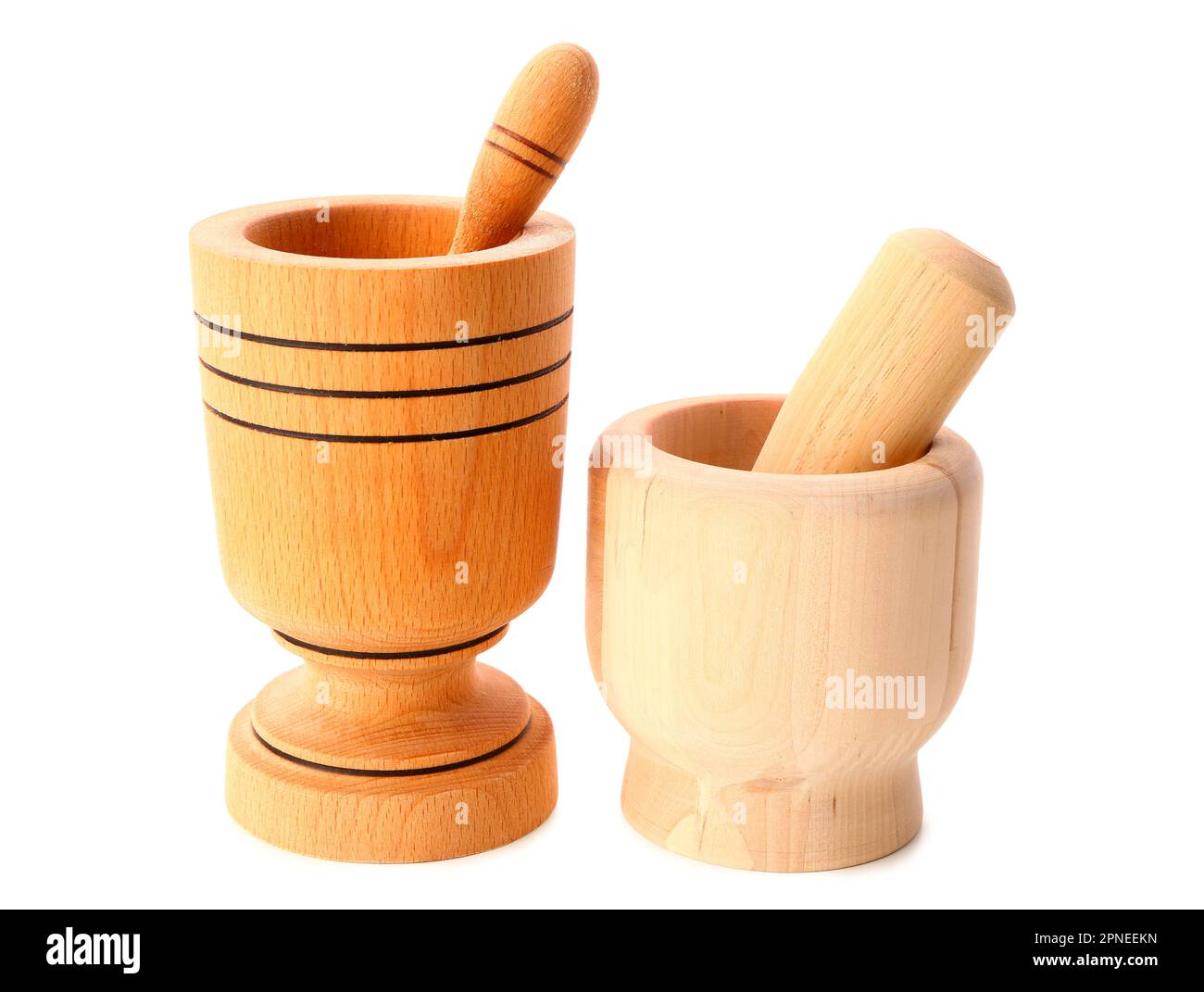 Wooden mortars with pestles isolated on white background Stock Photo ...