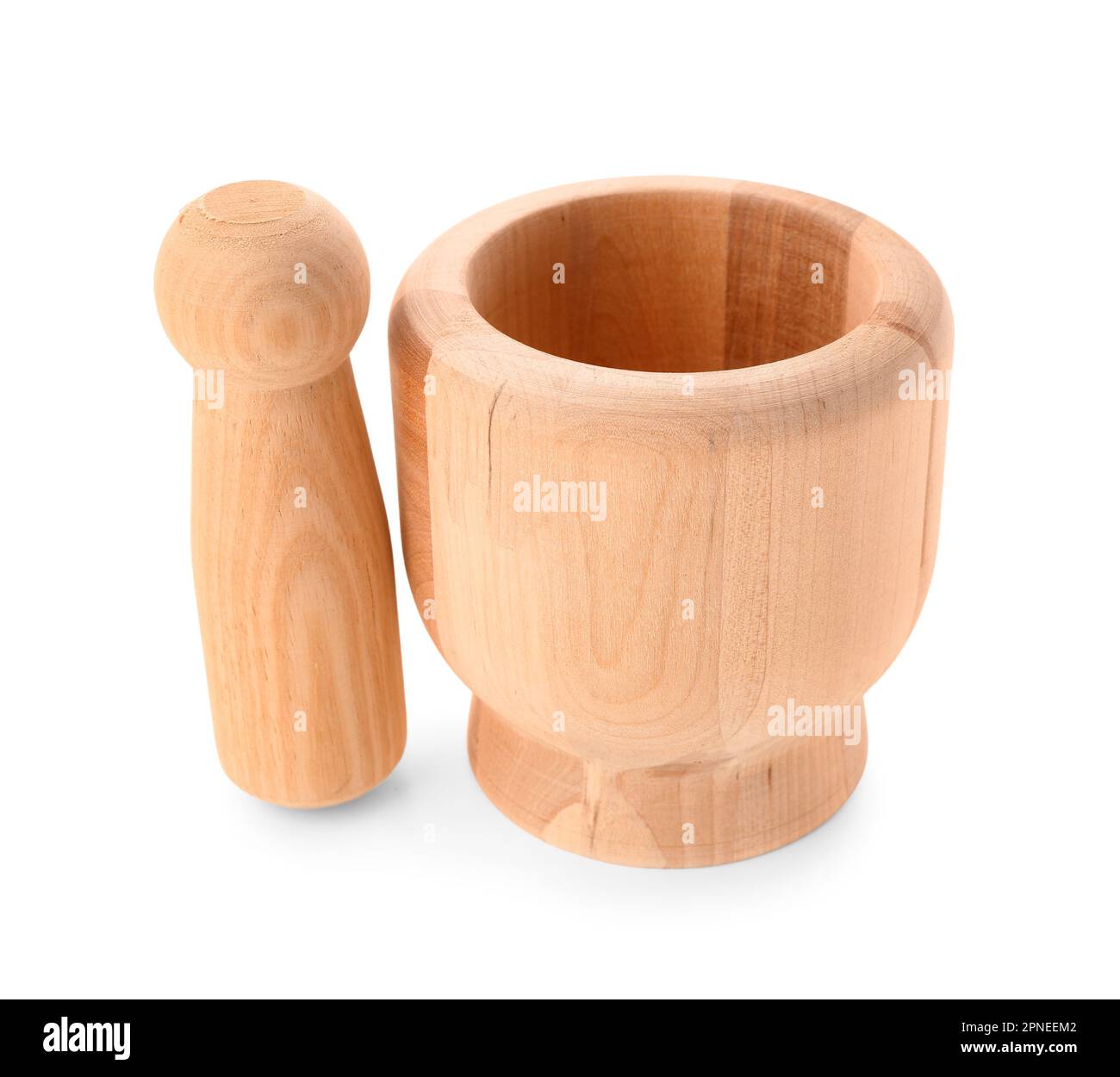 Wooden mortar with pestle isolated on white background Stock Photo - Alamy