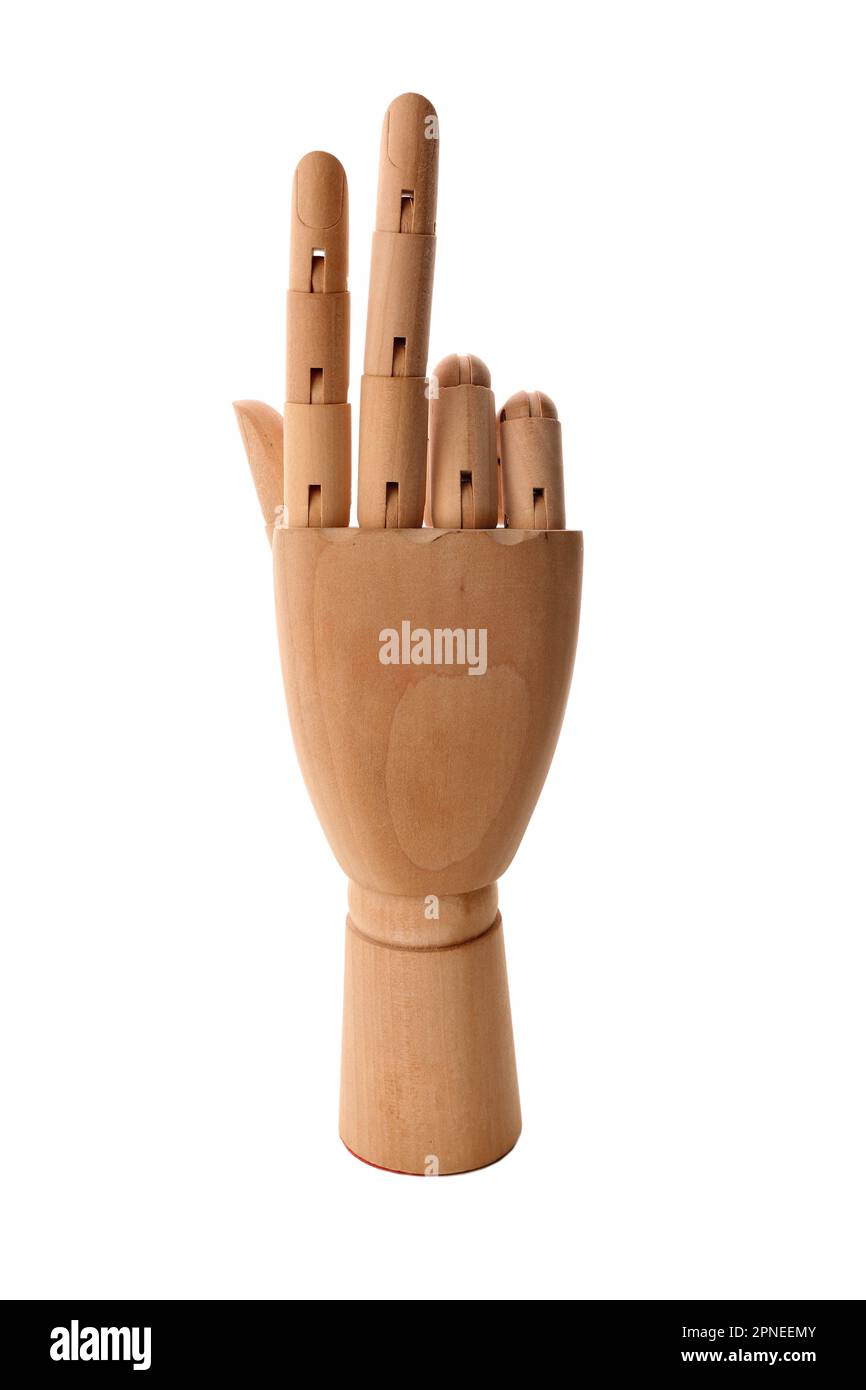 Wooden hand showing two fingers isolated on white background Stock ...