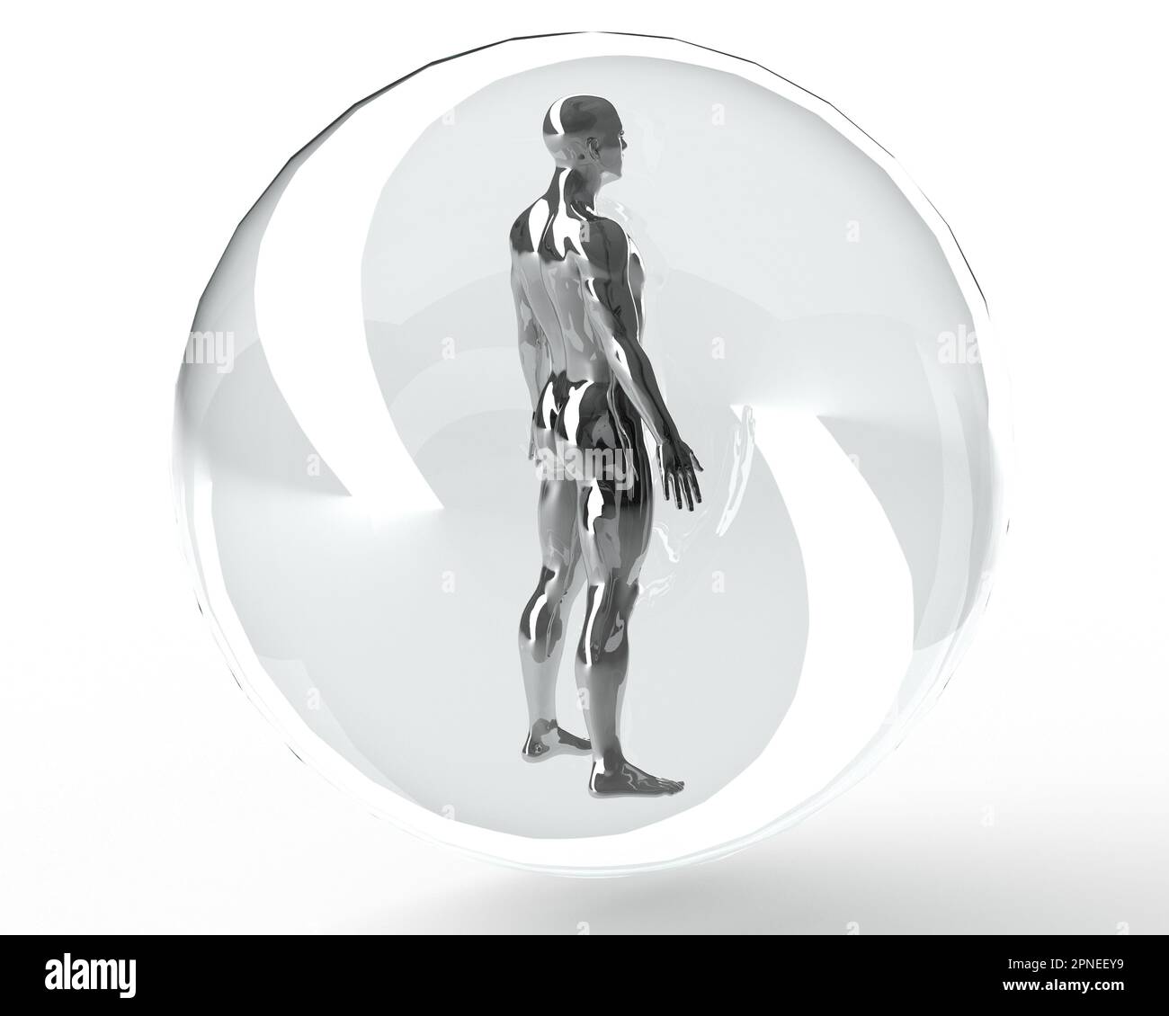 3D illustration of a male silver body on a white background. Metal ...