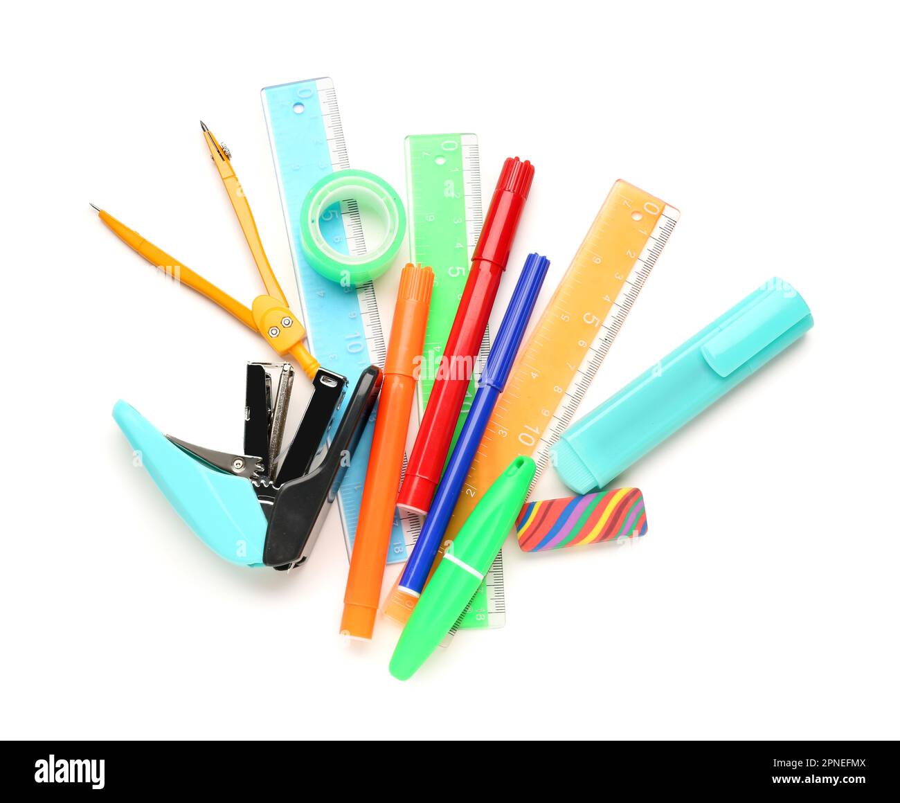 Colorful stationery supplies on white background Stock Photo - Alamy