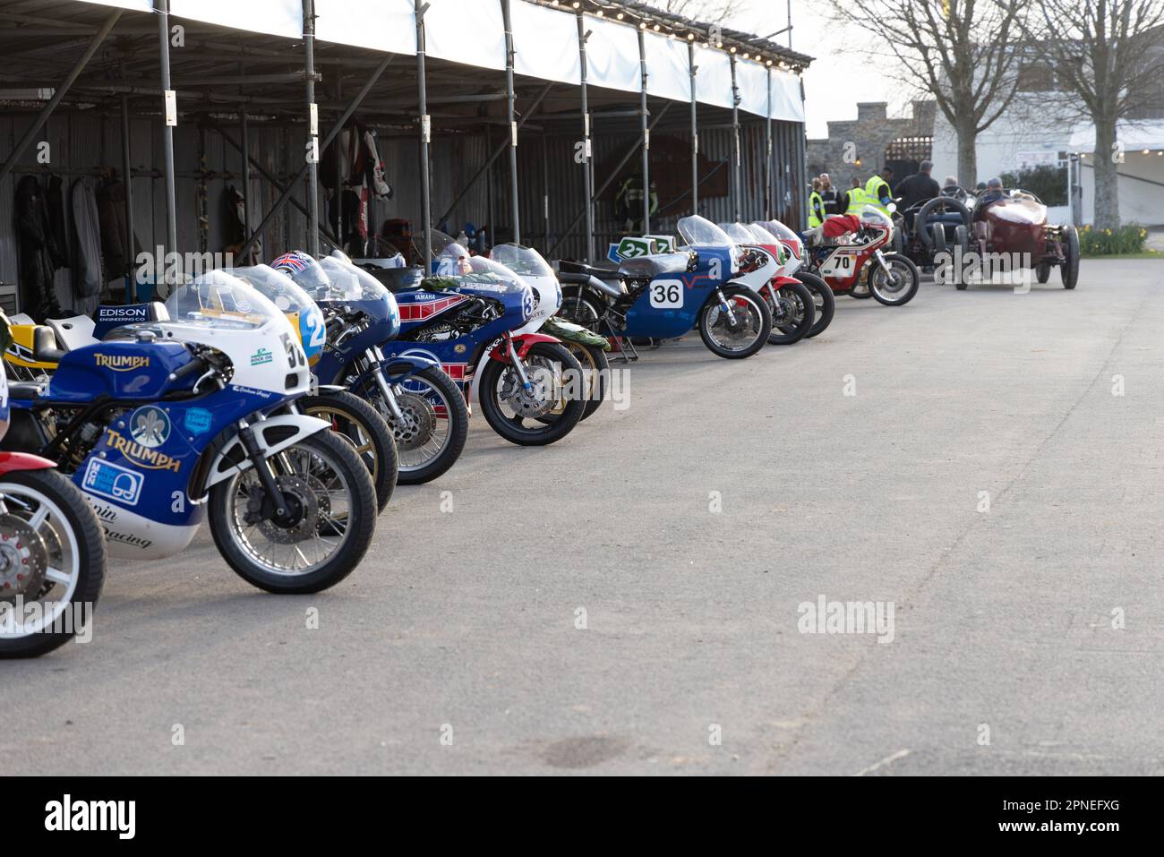 April 2023 - Triumph motor bike racing paddock at the Goodwood Members ...