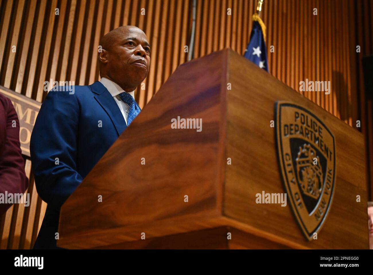 Mayor Eric Adams makes a public safety-related announcement at Police ...