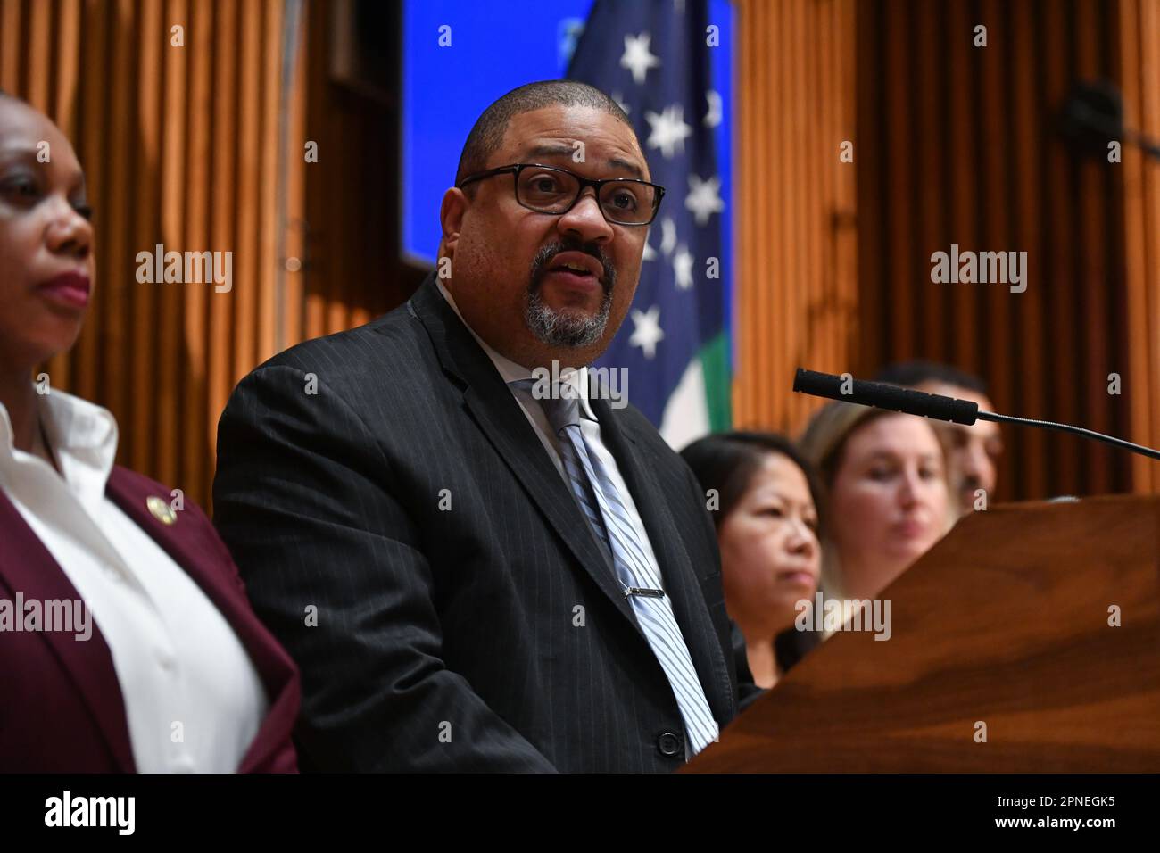 Manhattan District Attorney (DA) Alvin Bragg makes a public safety ...