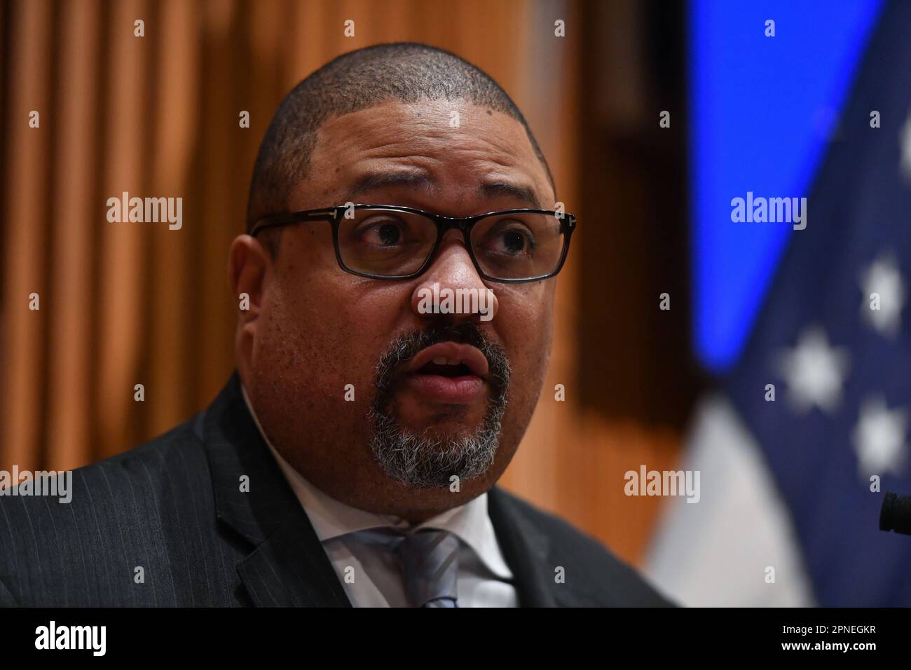 Manhattan District Attorney (DA) Alvin Bragg makes a public safety ...