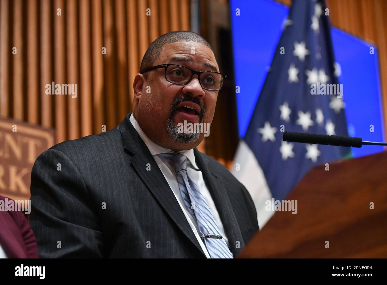 Manhattan District Attorney (DA) Alvin Bragg makes a public safety ...