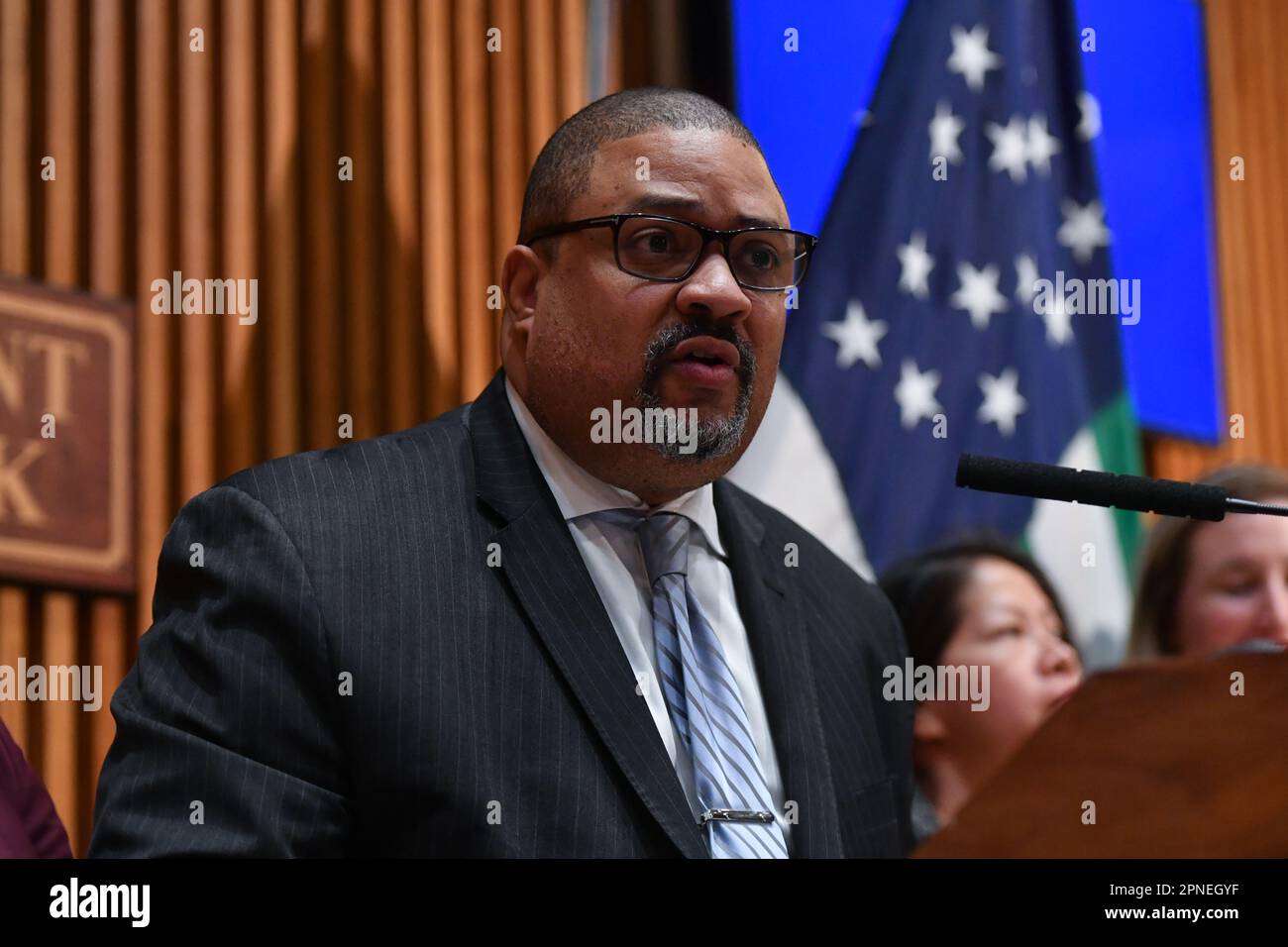 Manhattan District Attorney (DA) Alvin Bragg makes a public safety ...