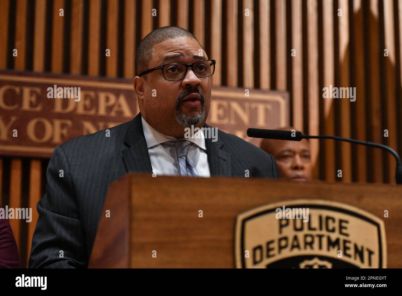Manhattan District Attorney (DA) Alvin Bragg makes a public safety ...