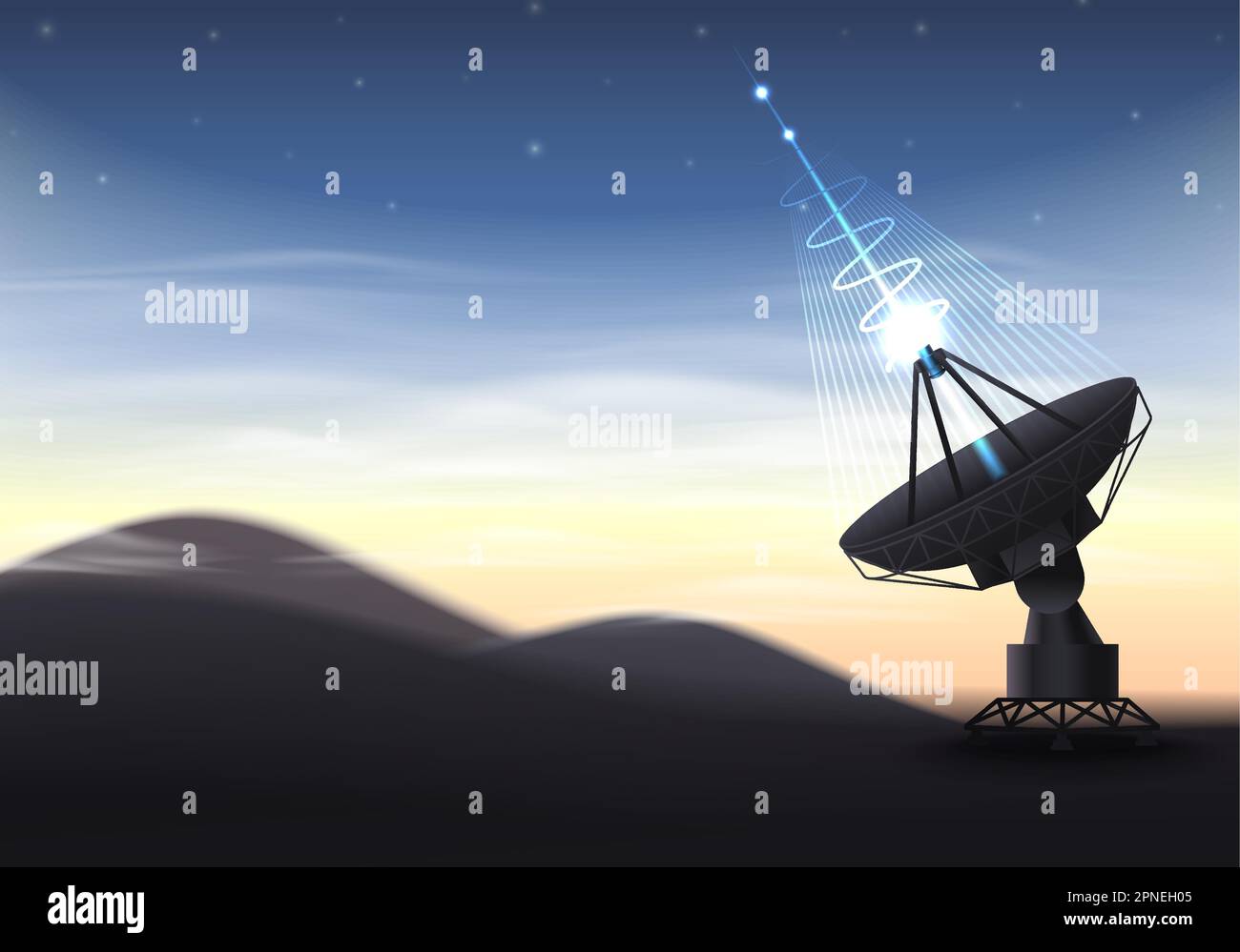 Rocket spacecraft realistic composition with sundown landscape and ...