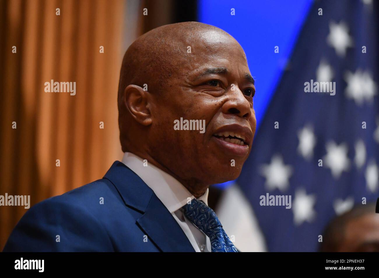 Mayor Eric Adams makes a public safety-related announcement at Police ...
