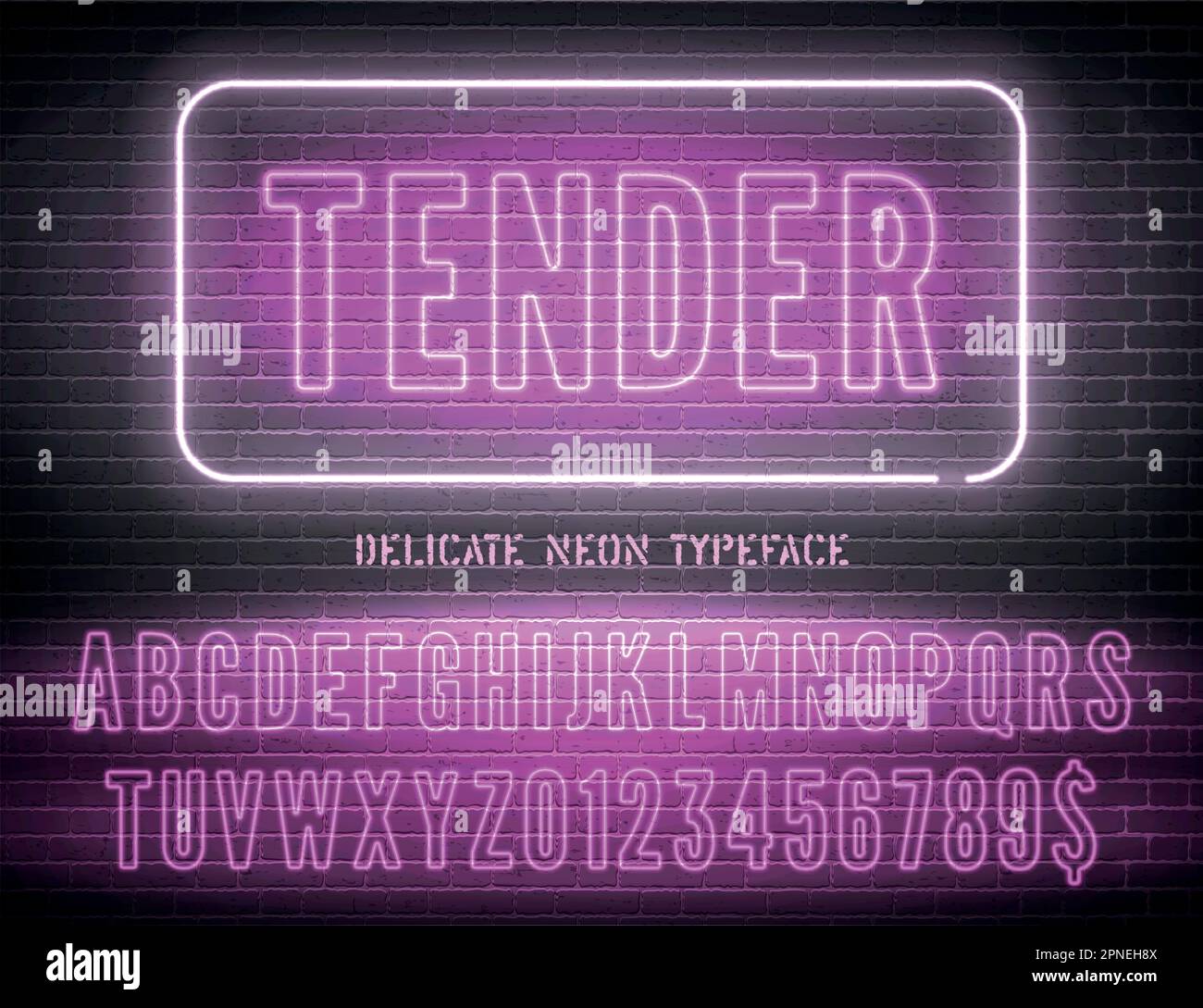 Tender sign with hollow pink neon alphabet on dark brick wall ...