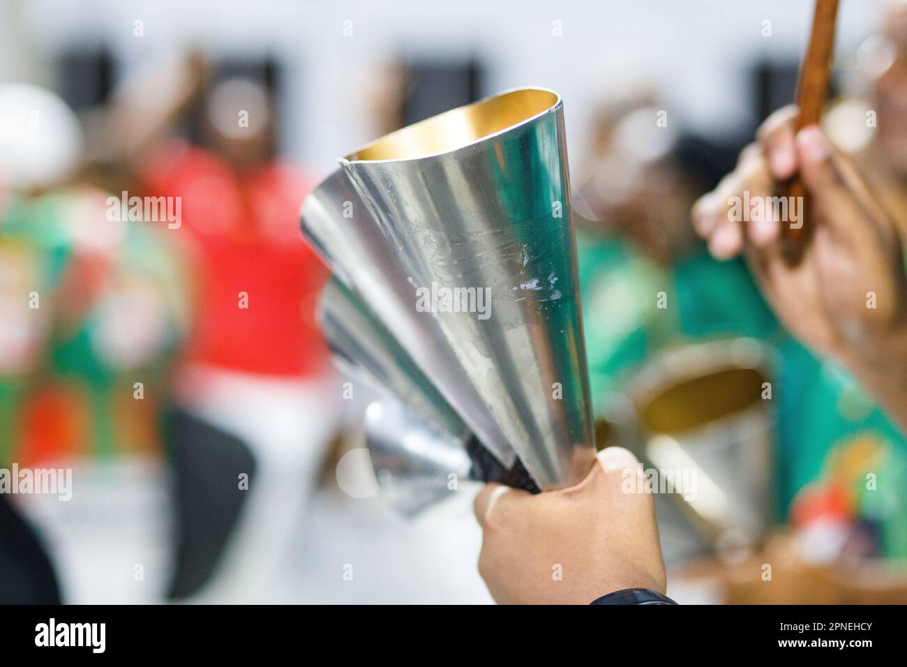musical instrument known as agogo, during carnival rehearsal in Rio de ...