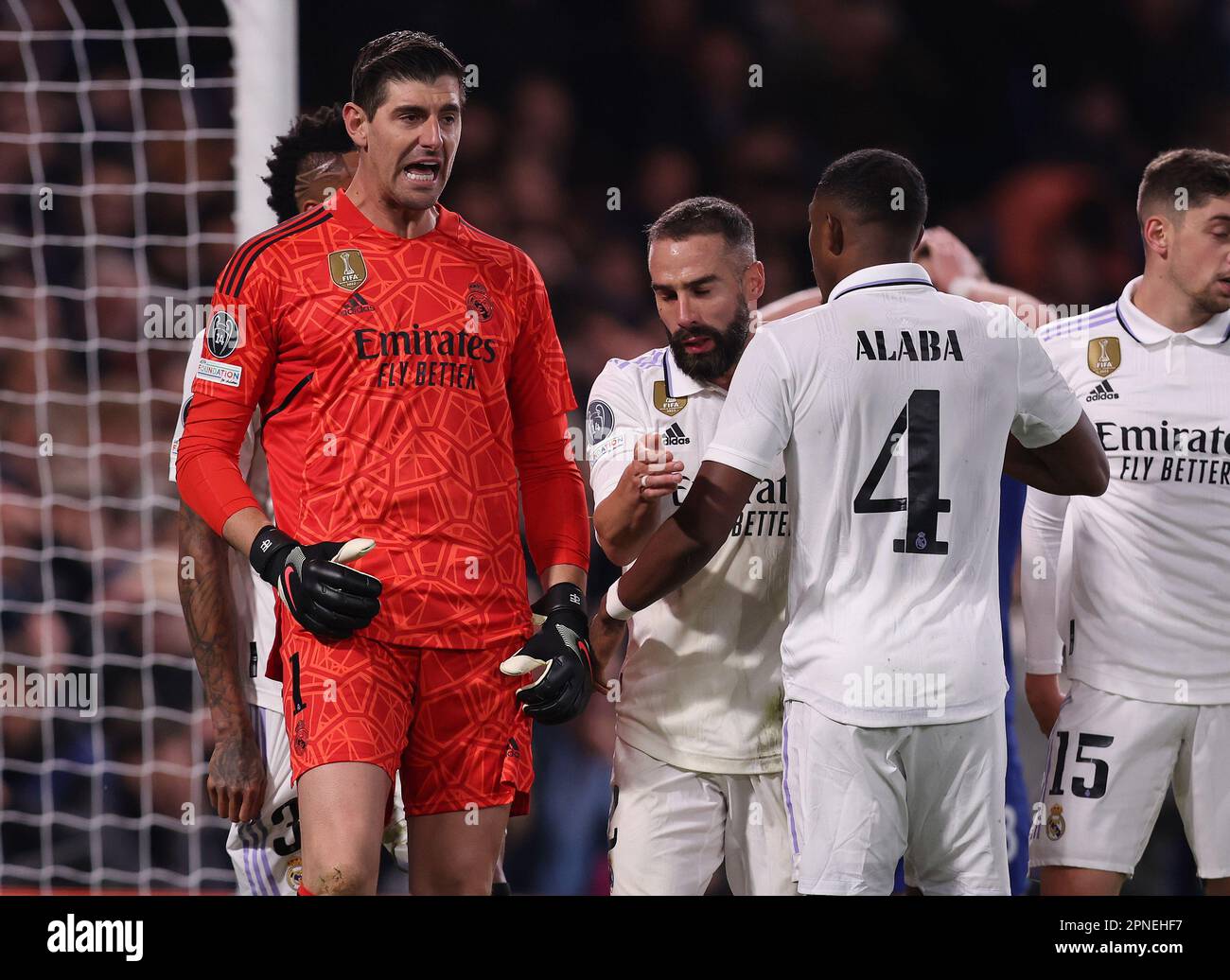 London, UK. 18th Apr, 2023. Thibaut Courtois of Real Madrid celebrates ...