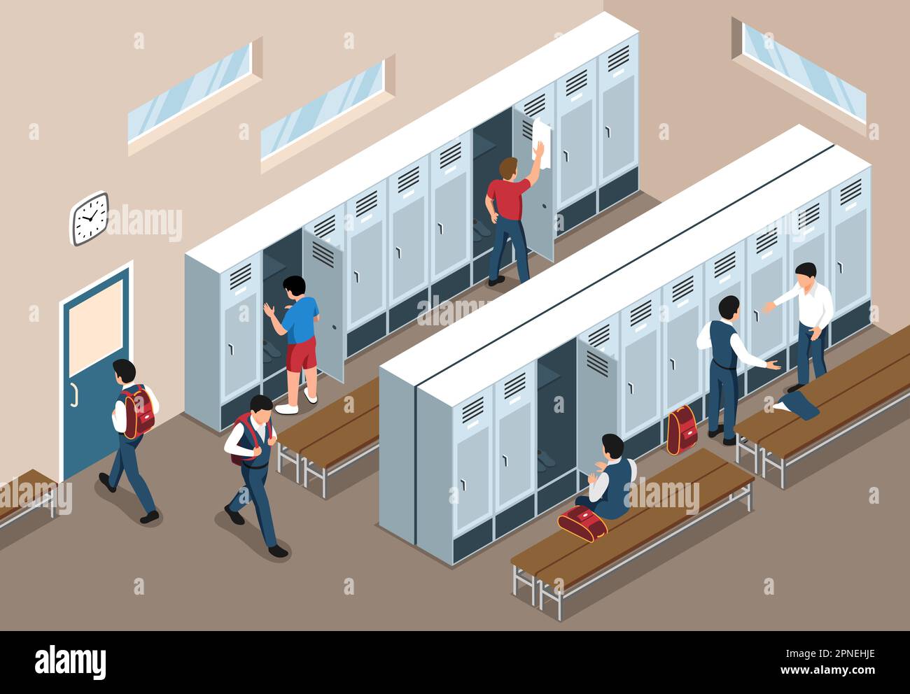 School gym dressing room interior with lockers benches and male ...