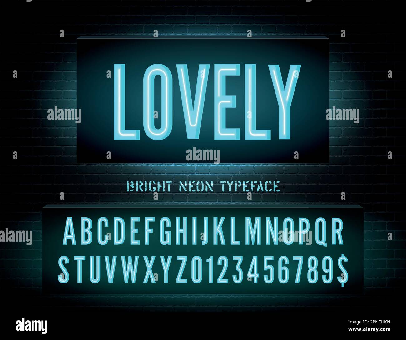 Lovely sign with narrow blue neon box alphabet on dark brick wall ...