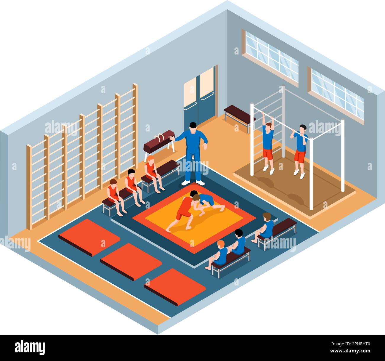 School physical education lesson in gym with male teacher and students ...