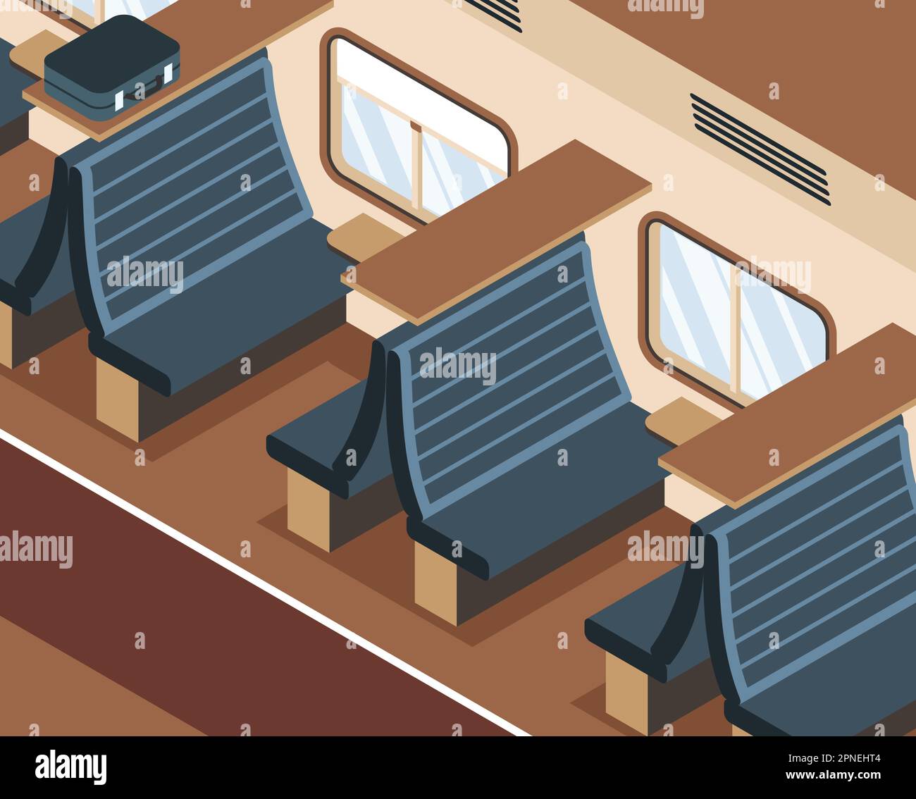 Train wagon interior with empty seats and luggage on shelf 3d isometric ...