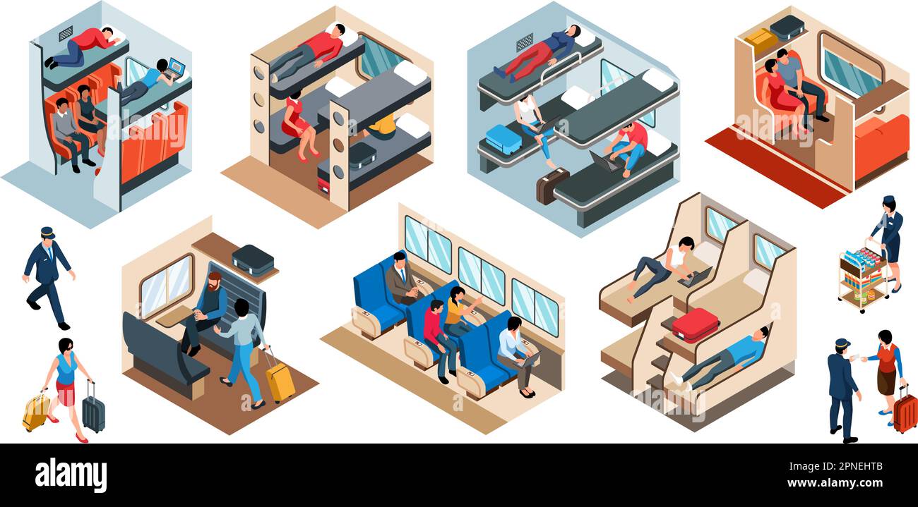 Railway train wagon compartment isometric set with sleeping people ...