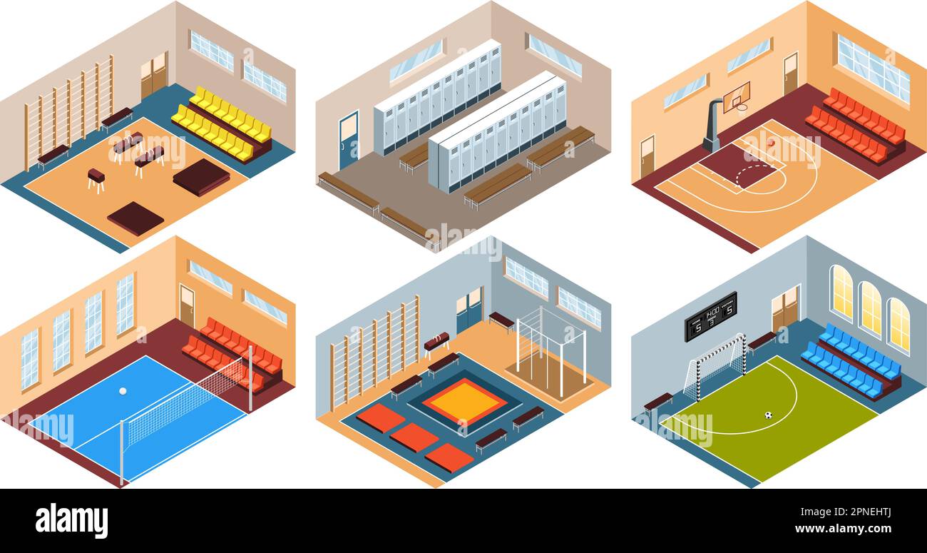 School gym and dressing room interior set with various sport equipment ...