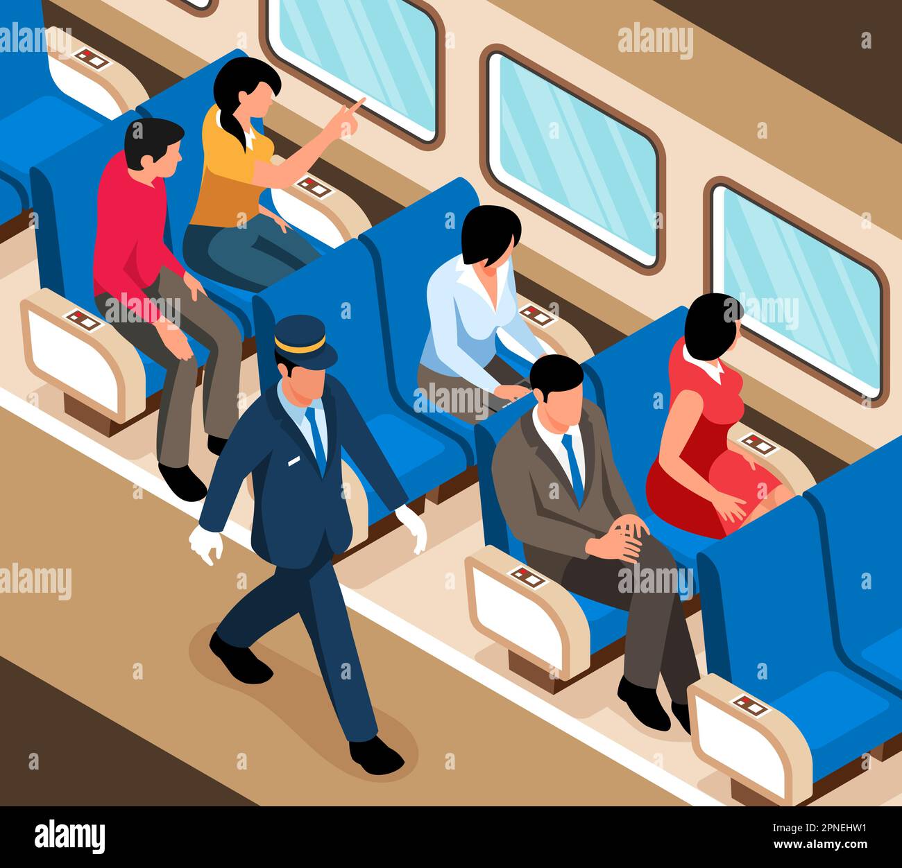 Isometric railway train wagon interior with passengers on their seats ...